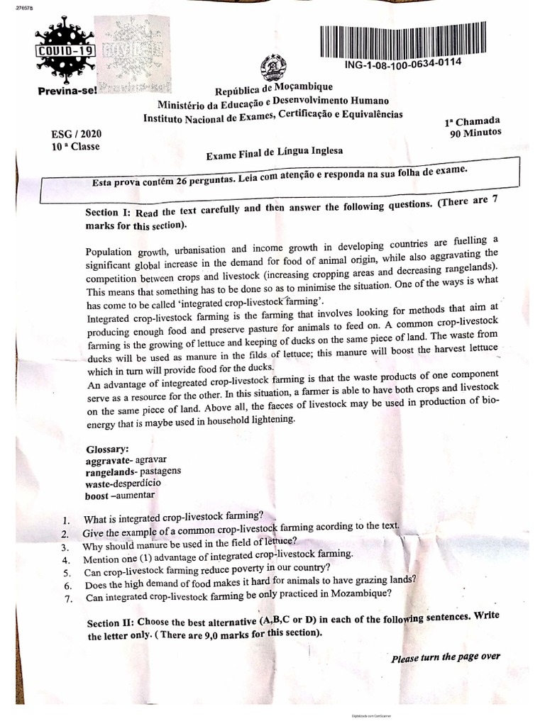 Exame 10 Classe de Ingl - S 2020 | PDF