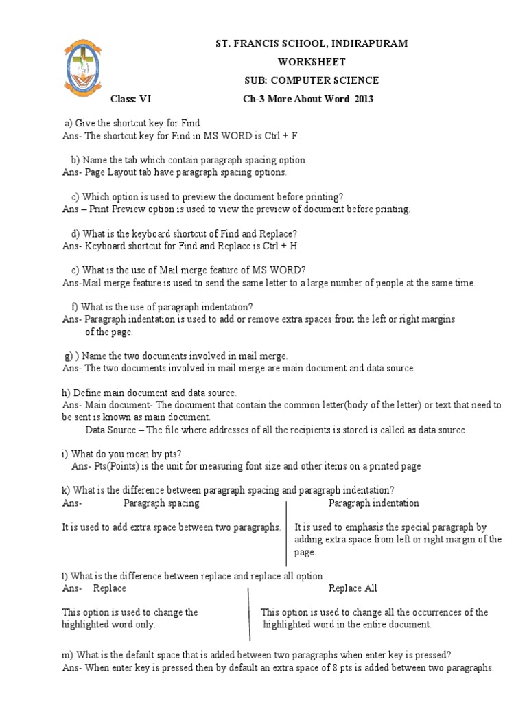 CH 3 Revision Worksheet 2 Class 6 CS | PDF | Paragraph | Microsoft Word