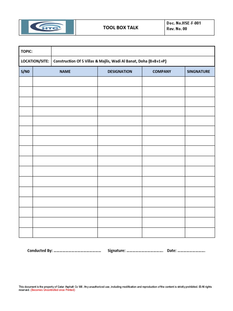 TOOL BOX TALK - Form No. HSE-01 | PDF