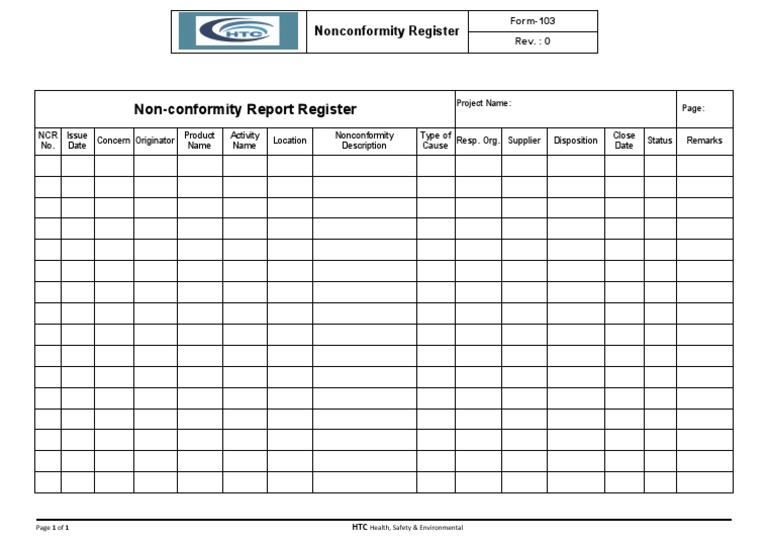 Form-103 Nonconformity Report Register | PDF