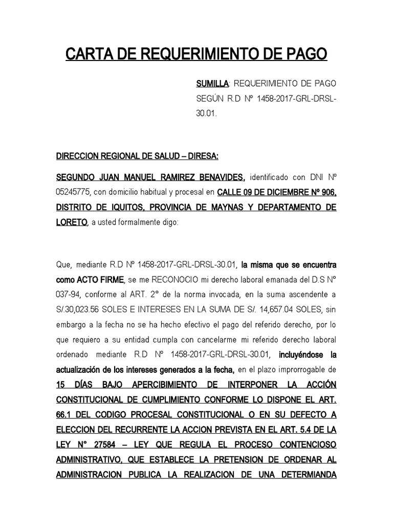 Requerimiento de Pago - Segundo Juan Manuel - Administrativo | PDF