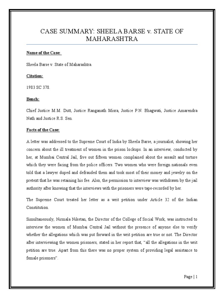Case Summary - Sheela Barse | Download Free PDF | Rights | Government ...