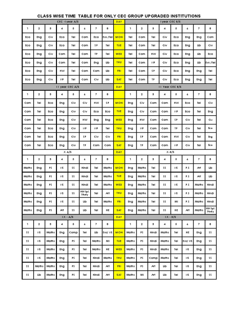 Class Wise Time Table For Only Cec Group Upgraded Institutions | PDF
