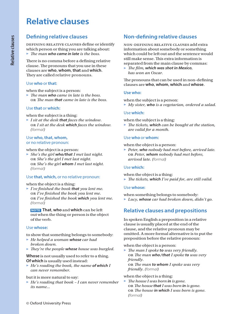 Defining Relative Clauses Non-Defining Relative Clauses | PDF | Subject (Grammar) | Object (Grammar)