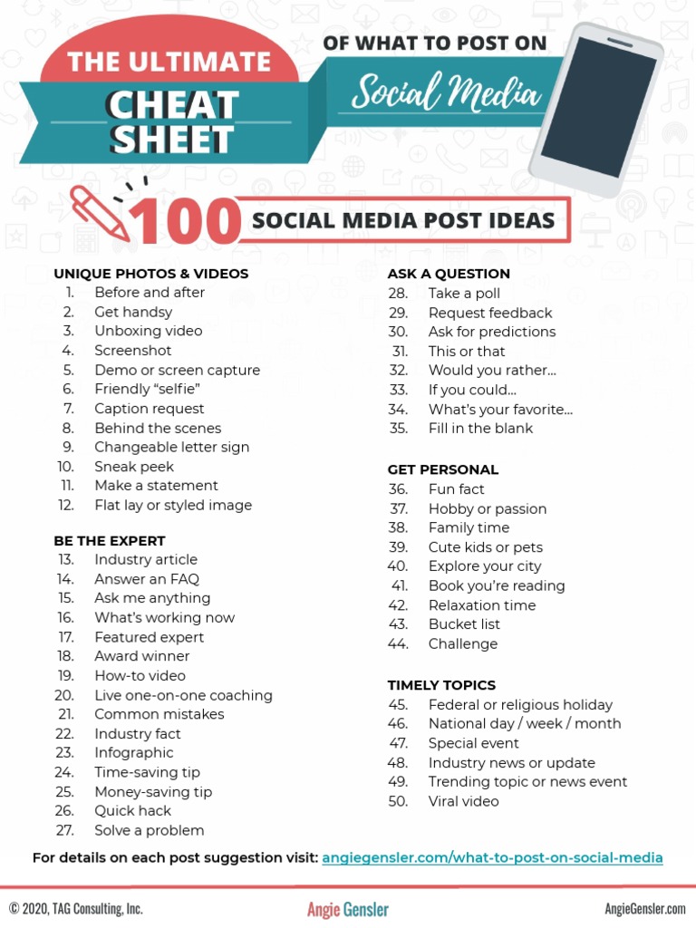 100 Post Ideas Cheat Sheet - Angiegensler - Com - v3 | PDF | Mass Media ...