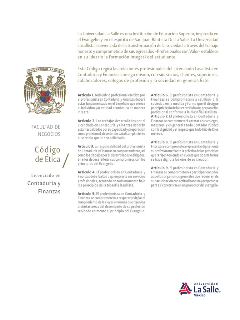 1 Codigo De Etica Contaduria Y Finanzas Lasalle 2018 Pdf Teneduría