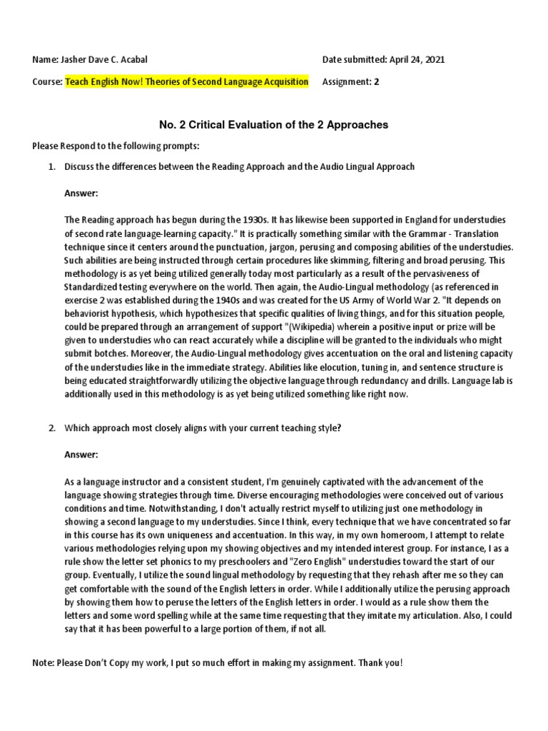 Tesol (C2) Week 2 Assignment | Download Free PDF | Learning | Linguistics