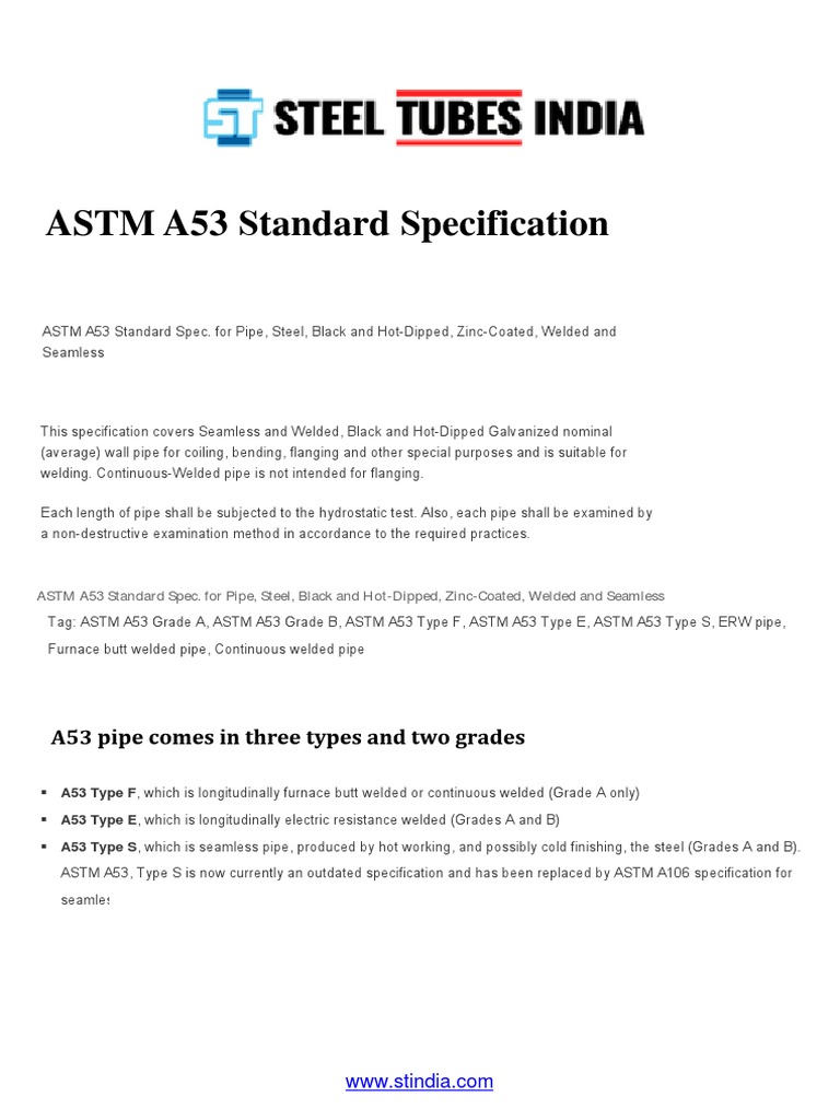 ASTM A53 Pipe Specifications Overview | PDF | Pipe (Fluid Conveyance ...
