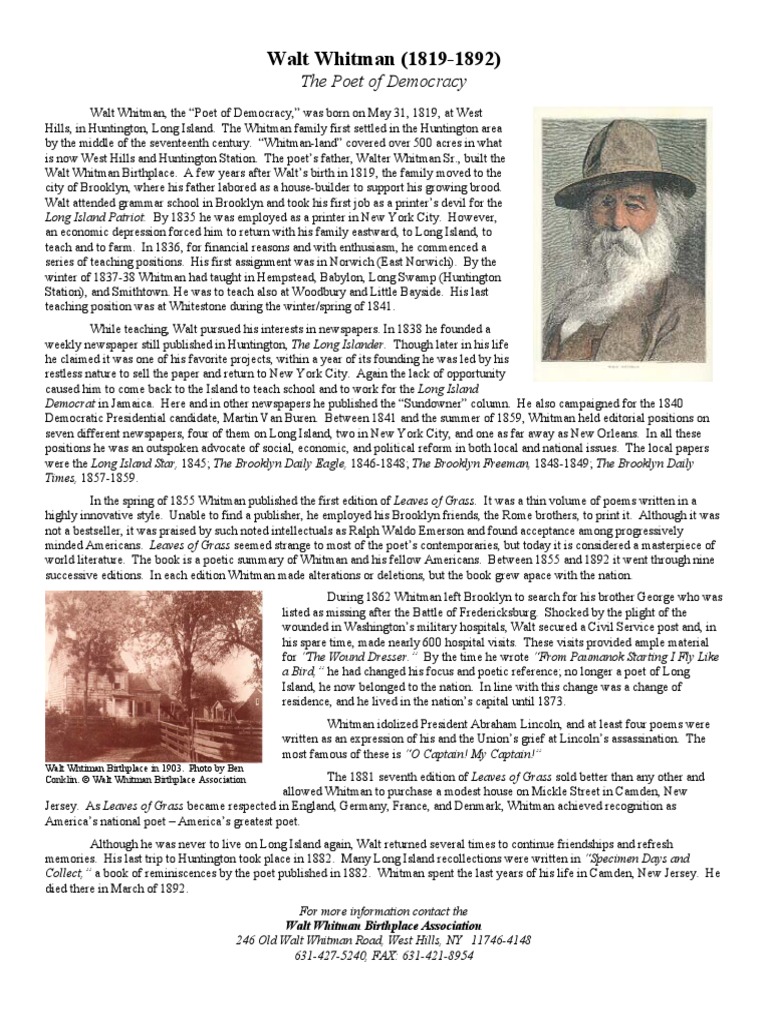 Walt Whitman (1819-1892) : The Poet of Democracy | Download Free PDF ...