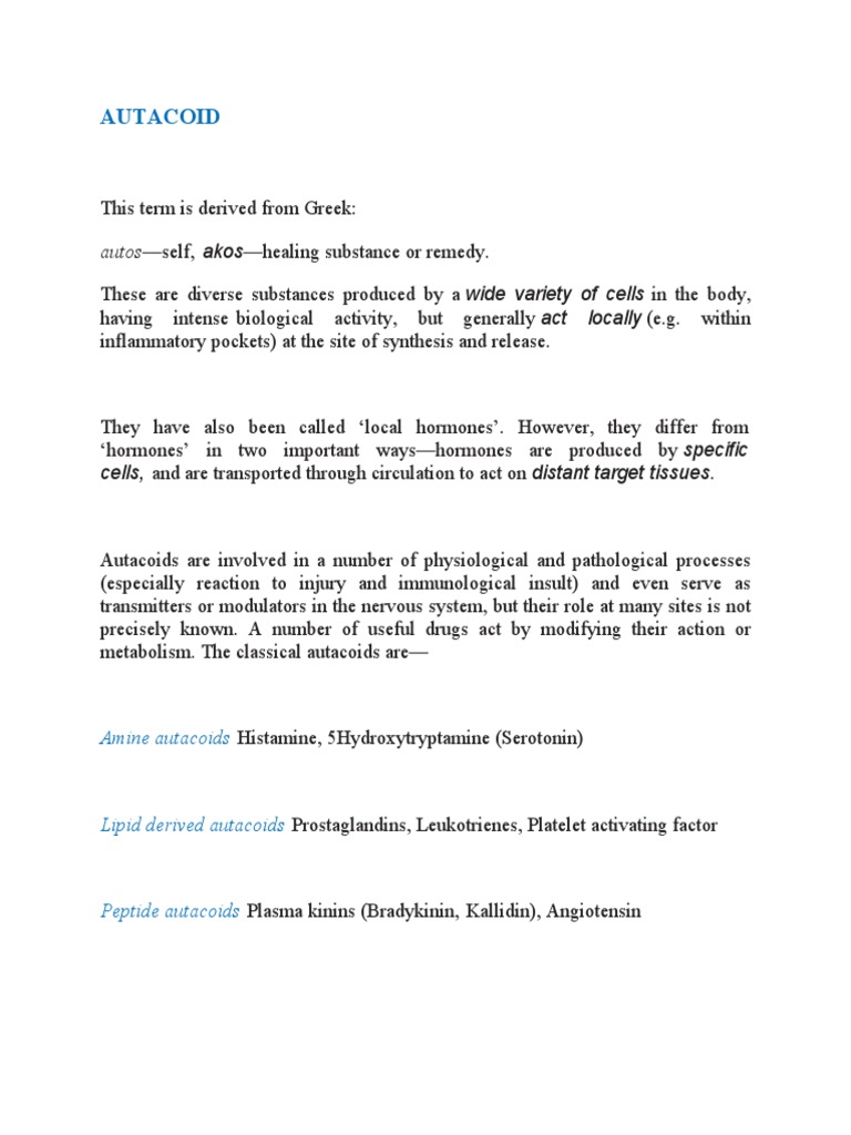 Autacoid: Autos-Self, Akos-Healing Substance or Remedy | PDF ...
