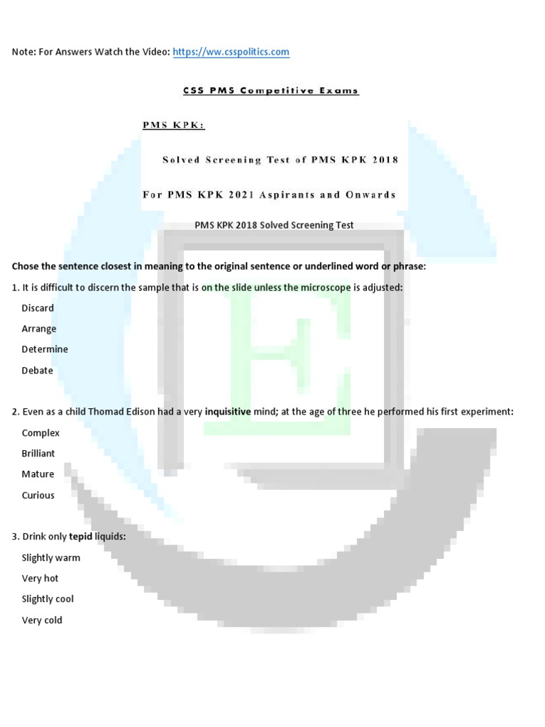 Solved PMS Screening Test | PDF | Muhammad Ali Jinnah | Soil