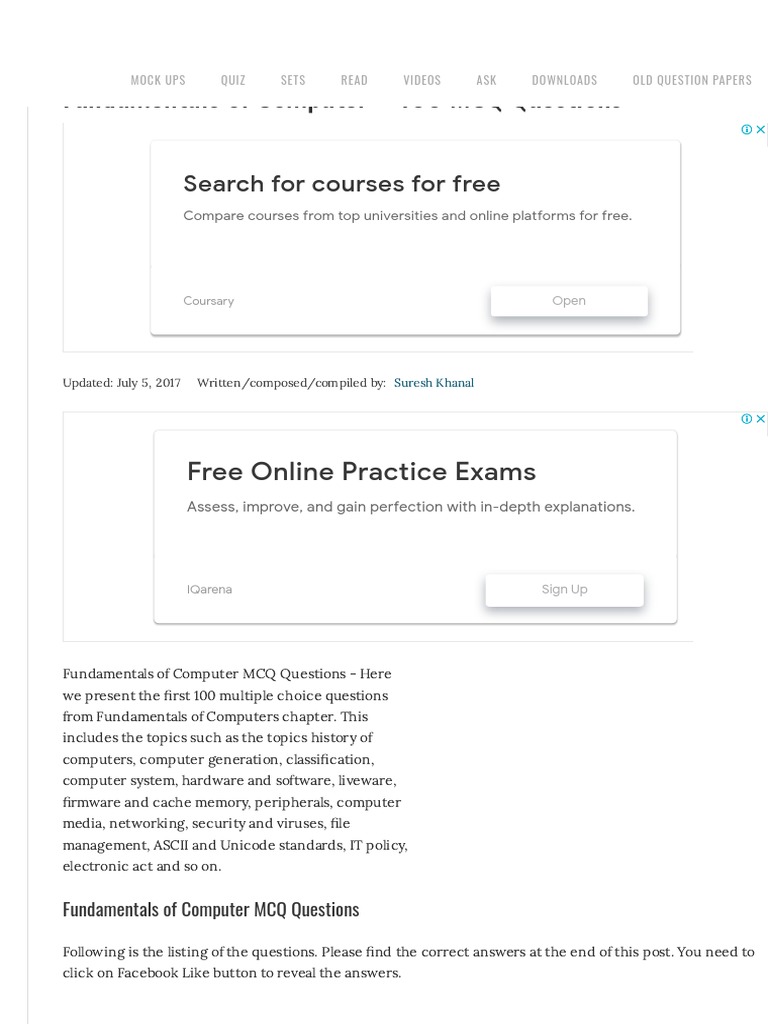 100 MCQs on Computer Fundamentals | PDF | Computer Data Storage ...