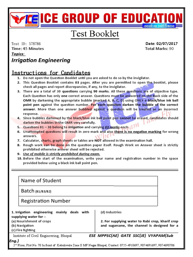 Test Booklet: Irrigation Engineering | PDF | Irrigation | Flood
