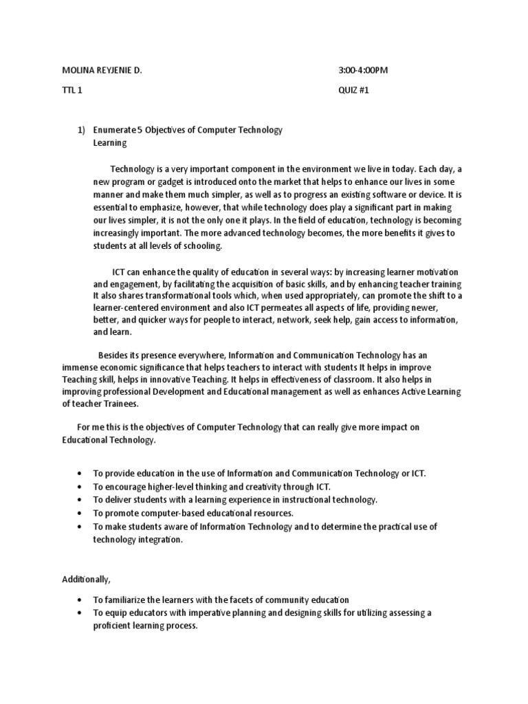Objectives of Computer Technology in Education | PDF | Educational ...
