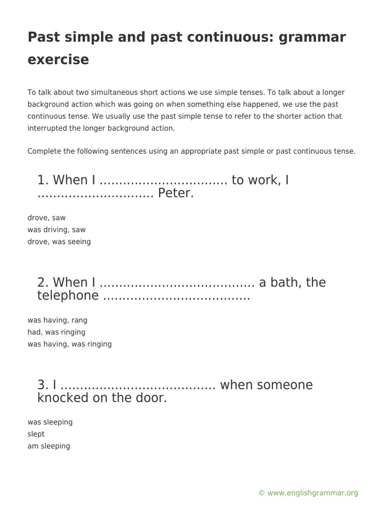 Interrupting Verbs - Past Simple and Past Continuous - Grammar Exercise ...