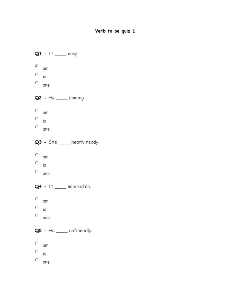 Verb To Be Quiz 1 | PDF