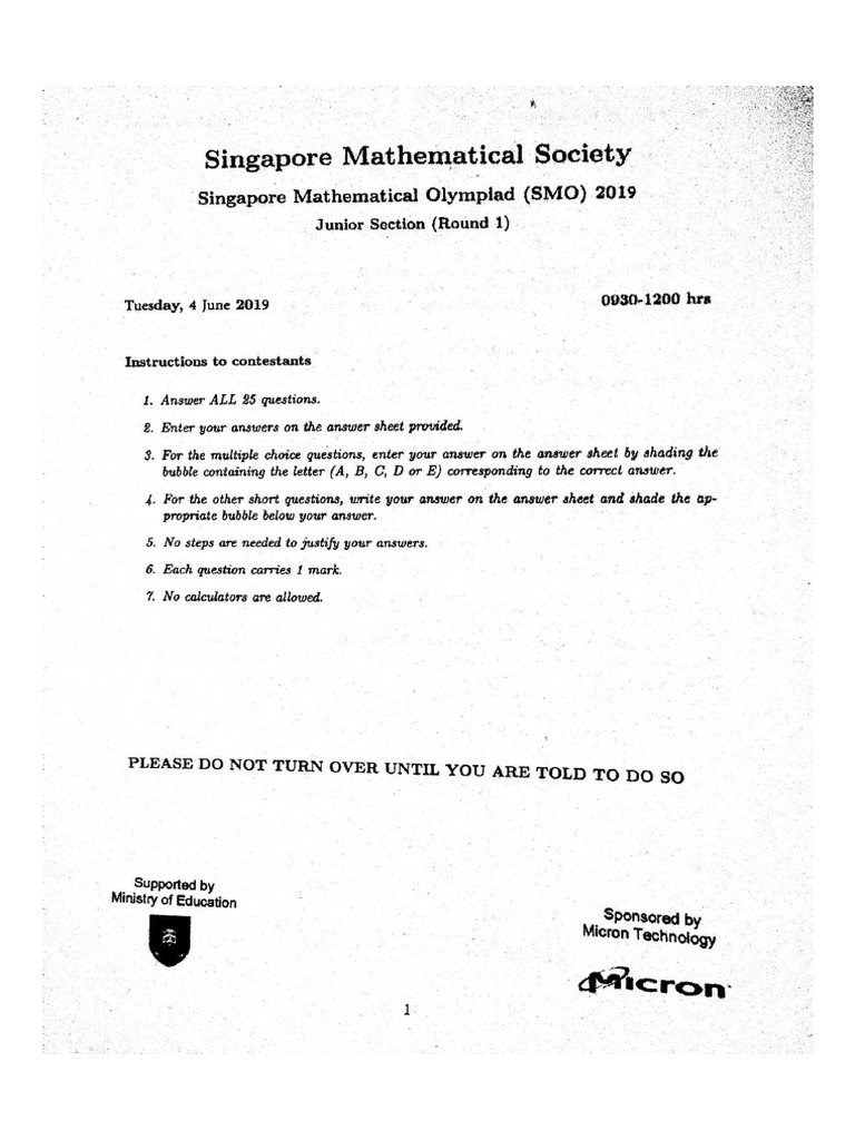Junior Section - First Round - SMO Singapore Mathematical Olympiad 2019 ...