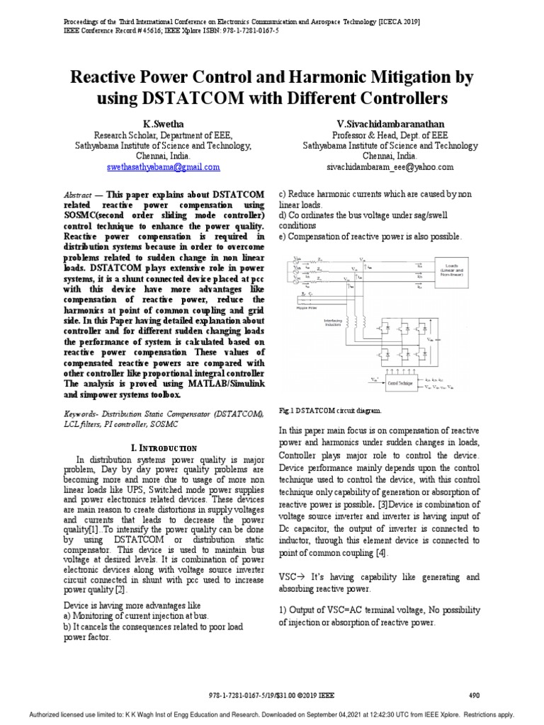 Reactive Power Control and Harmonic Mitigation by Using DSTATCOM With Different Controllers ...