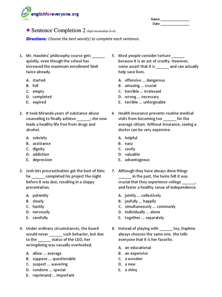 High Intermediate Sentence Completion 2 | PDF | Sobriety | Behavior