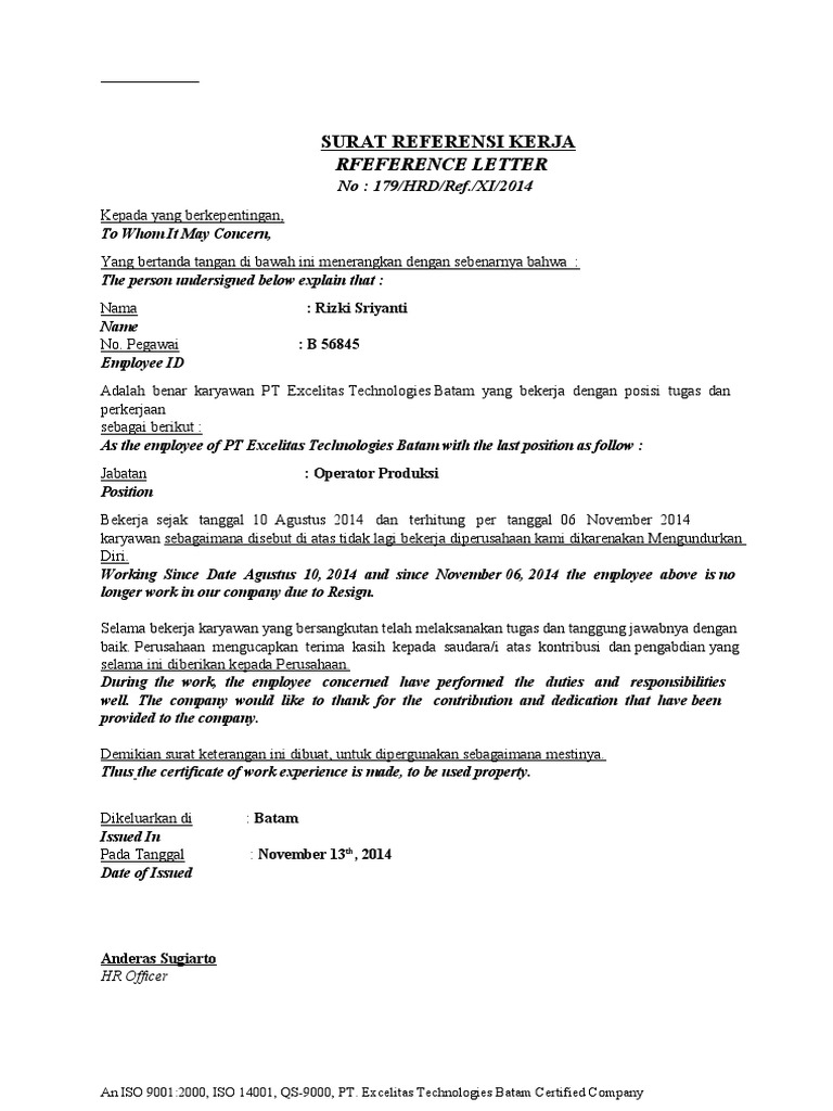 Surat Referensi Kerja Rfeference Letter: No: 179/HRD/Ref./XI/2014 | PDF