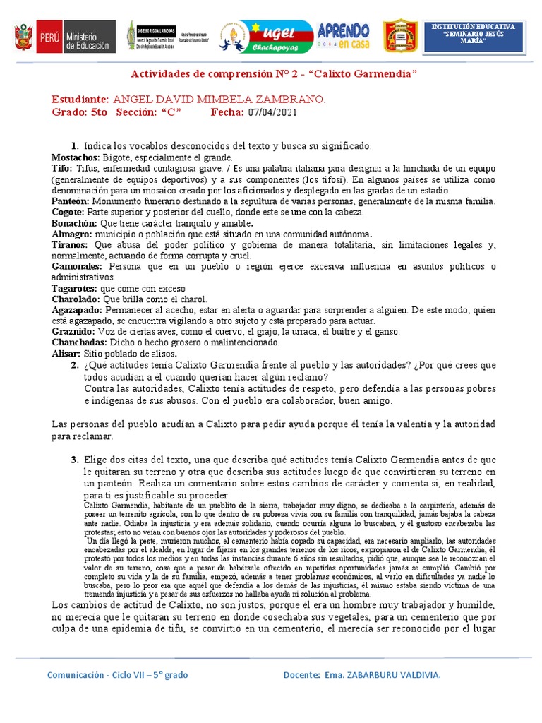 Actividades de Comprensión Lectura 2 Calixto Garmendia | PDF | Justicia ...