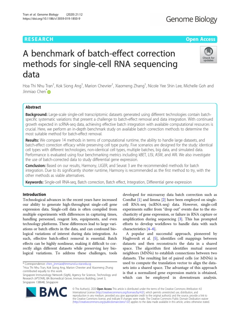A Benchmark of Batch-Effect Correction Methods For Single-Cell RNA Sequencing Data | PDF ...