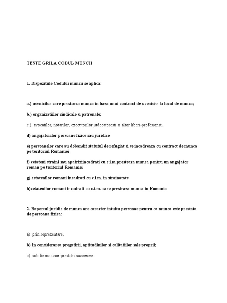 Teste Grila Codul Muncii | PDF