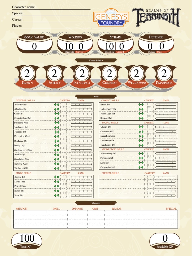 Realms of Terrinoth Genesys Character Sheet (Form Fill Dice Calc) | Download Free PDF | Role ...