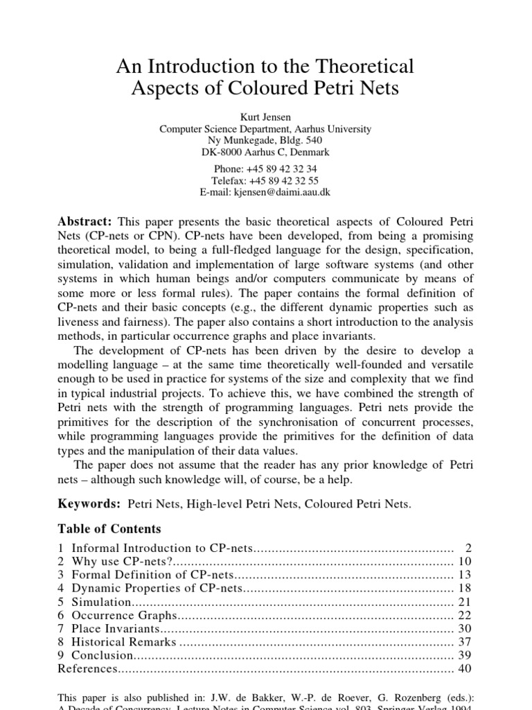 An Introduction To The Theoretical Aspects of Coloured Petri Nets | PDF