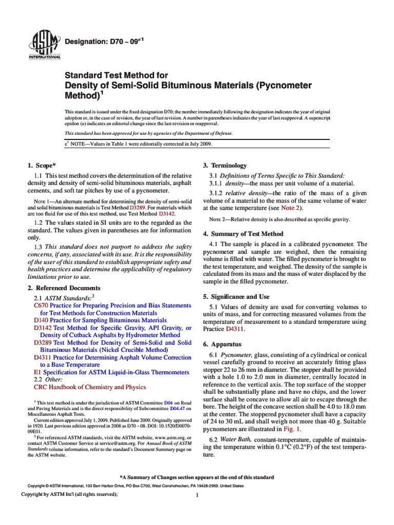 Astm D70 | Download Free PDF | Density | Physical Quantities