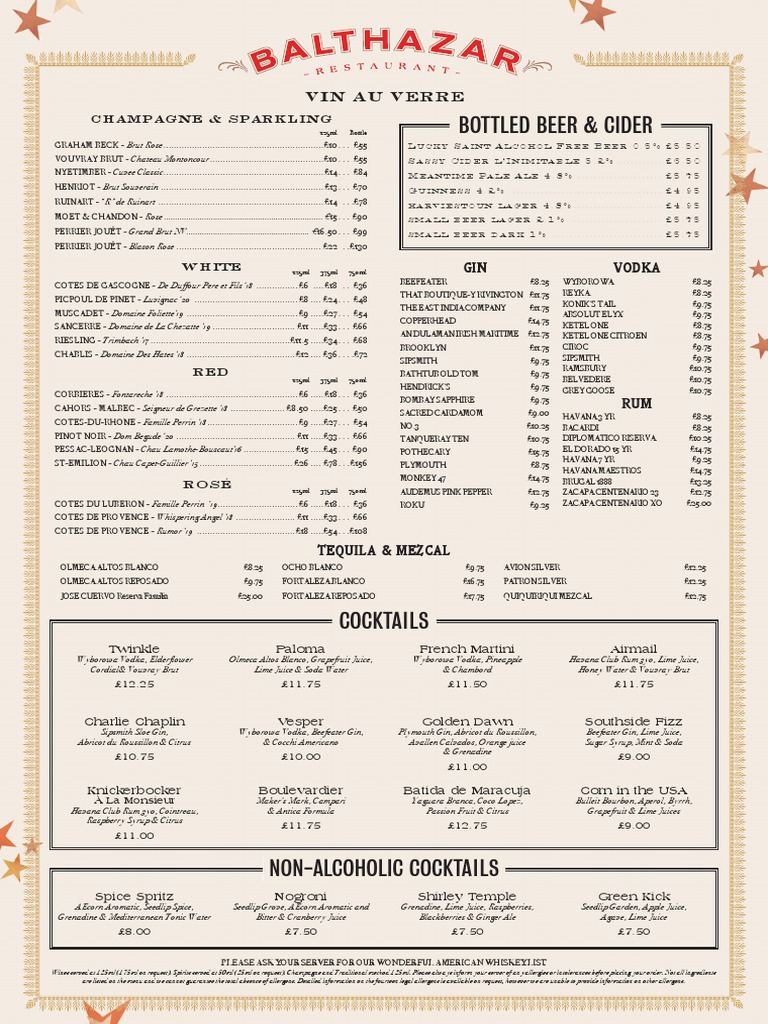 Drinks Balthazar Menu | PDF | Alcoholic Drinks | Drink