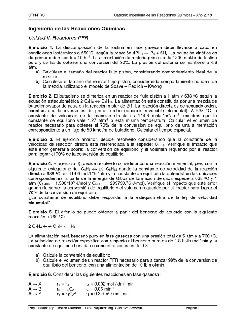 Unidad II - Reactores PFR | PDF | Reactor Quimico | Equilibrio químico