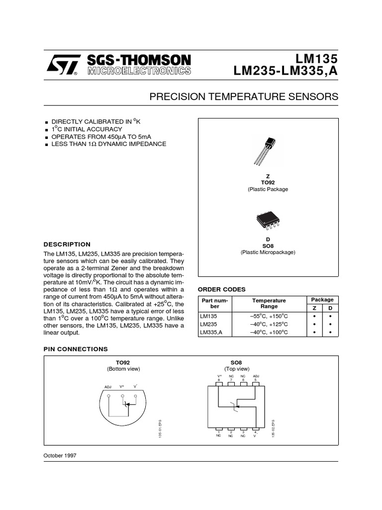 LM135 LM235-LM335, A: Precision Temperature Sensors | PDF