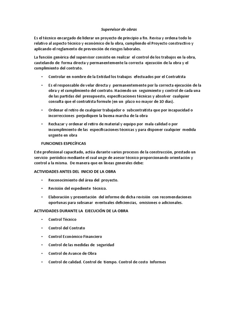 Funciones del Supervisor de Obra | PDF | Contratista general | Economias