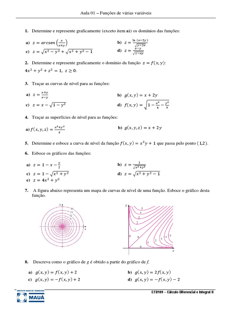 Lista 01 Funções De Várias Variáveis Pdf Função Matemática