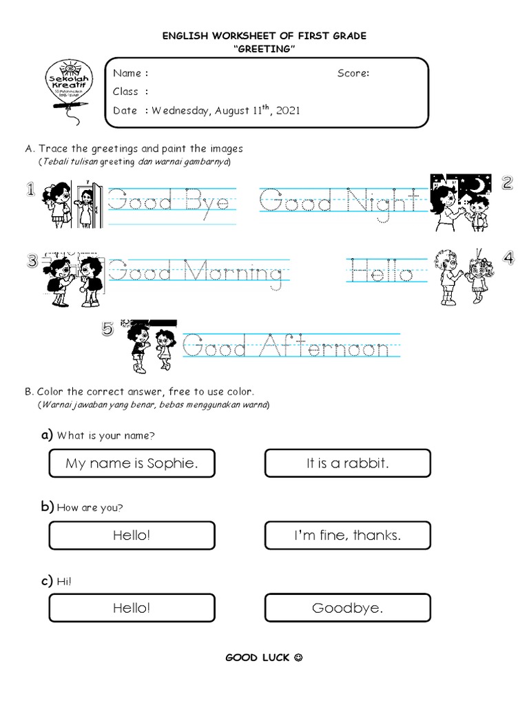 1st Grade - English Worksheet Unit 1 | PDF
