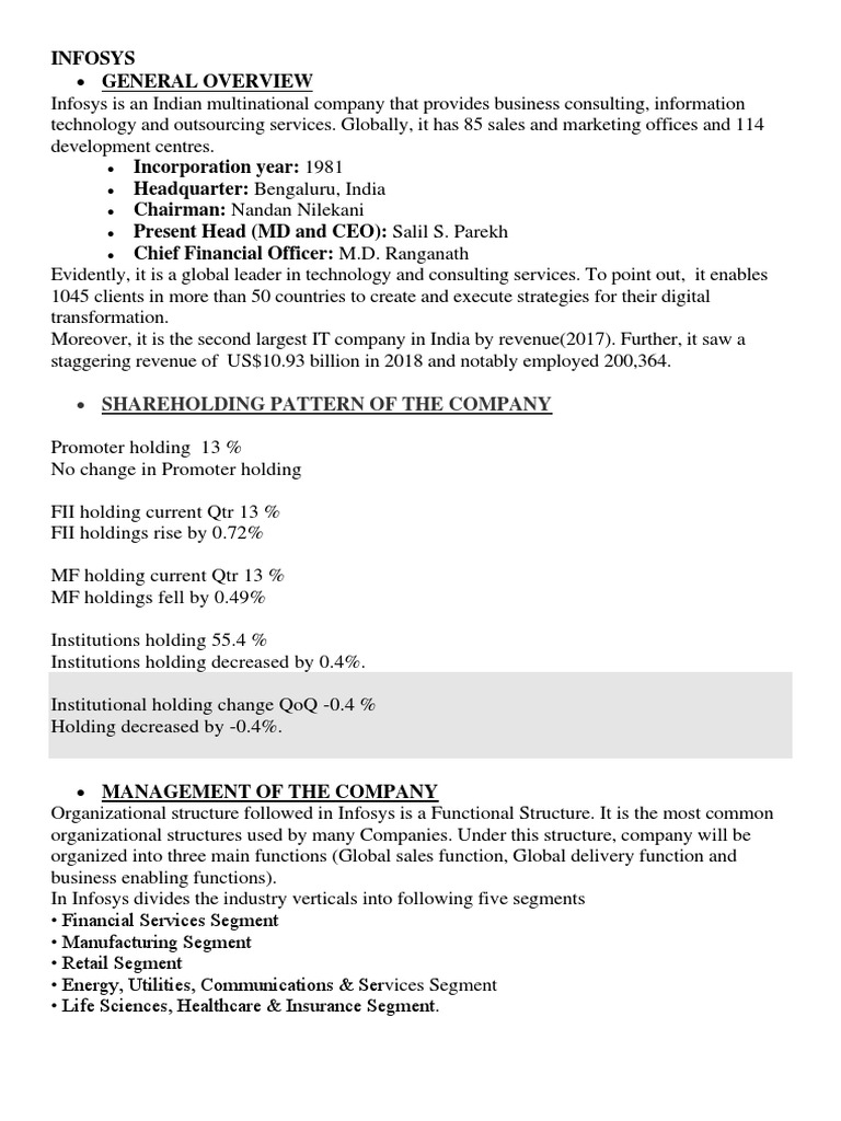Infosys: - Shareholding Pattern of The Company | PDF | Business | Economies