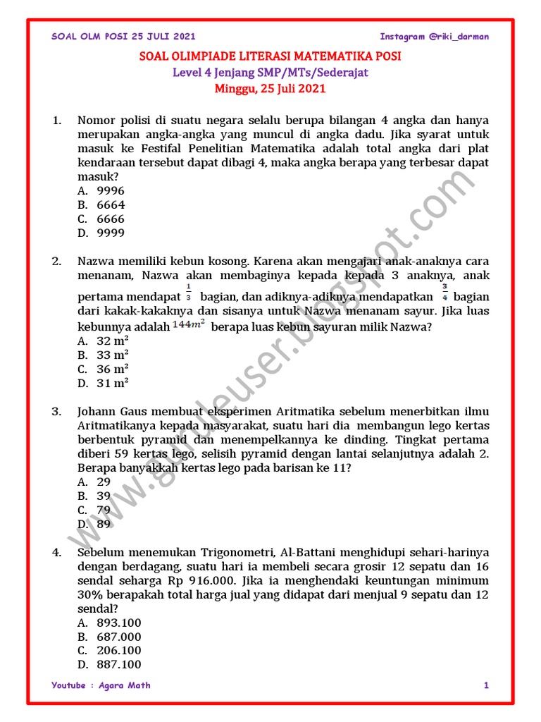 Soal Olimpiade Literasi Matematika Posi Minggu, 25 Juli 2021 | PDF