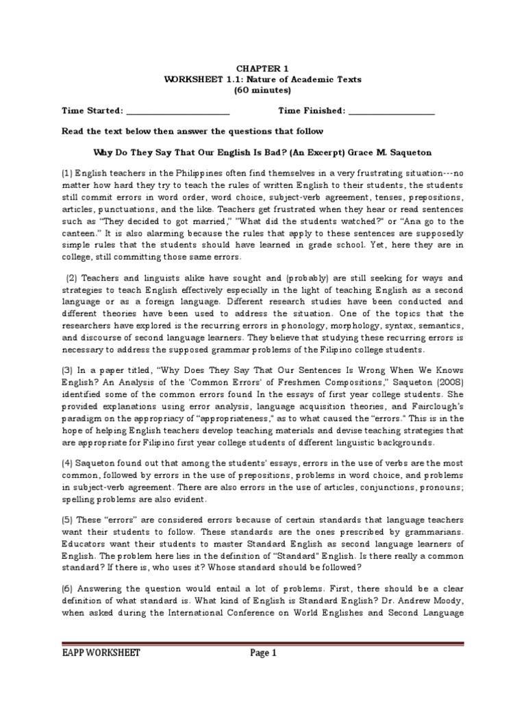 Eapp Worksheet | PDF | English Language | Second Language