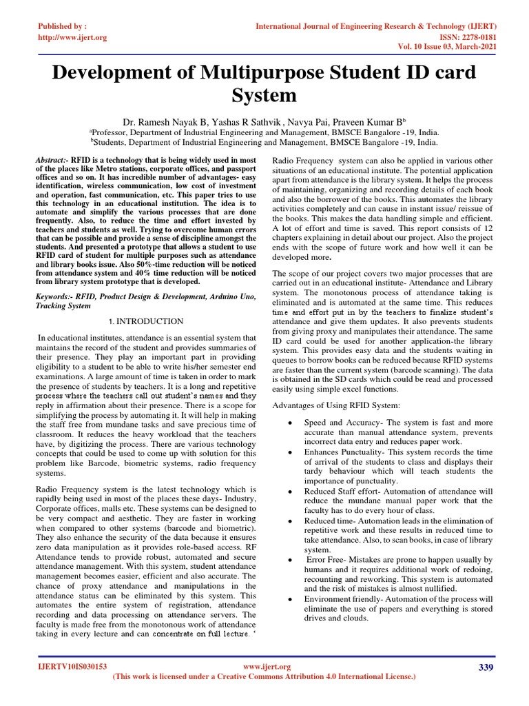 Development of Multipurpose Student Id Card System IJERTV10IS030153 | Download Free PDF | Radio ...