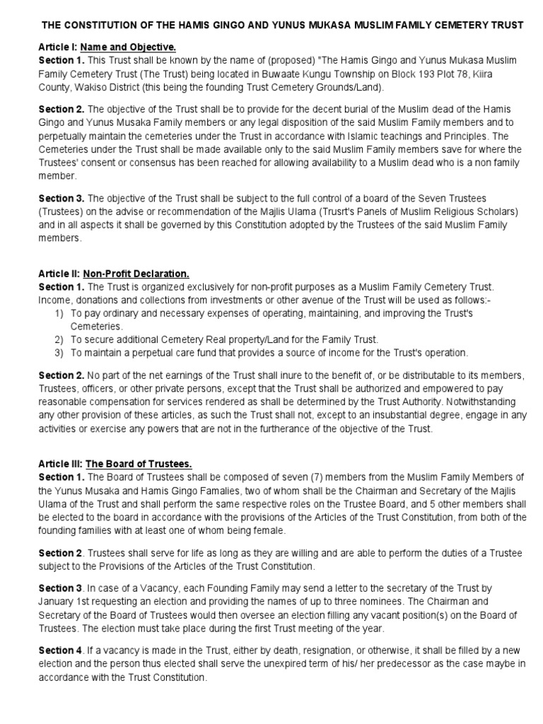 Family Cemetery Trust Constitution | PDF | Trust Law | Board Of Directors