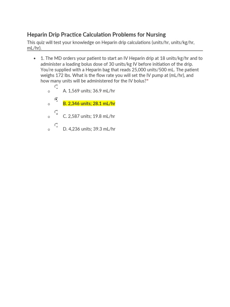 Heparin Drip Practice Calculation Problems For Nursing | PDF
