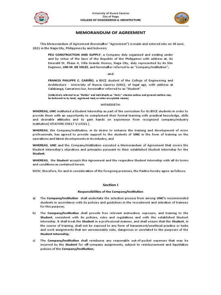 Memorandum of Agreement: College of Engineering & Architecture | PDF ...