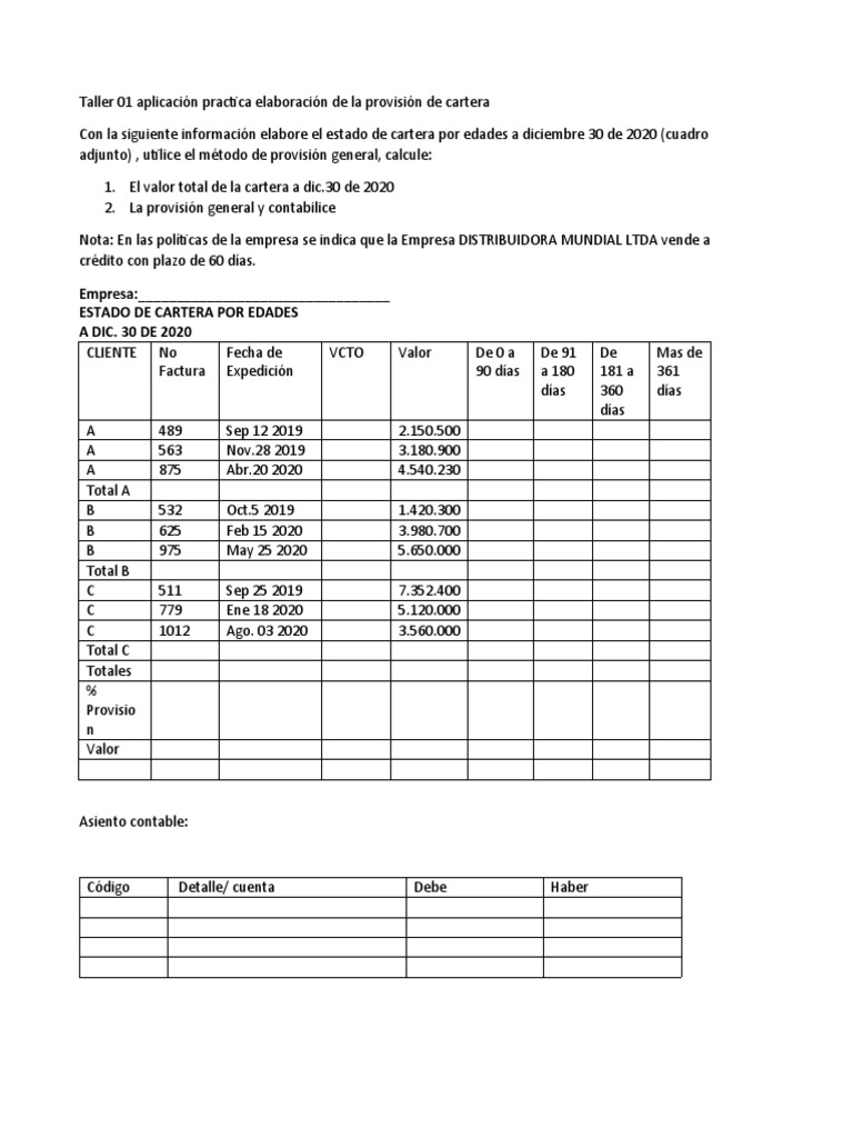 Taller Propuesto Provision de Cartera Por Edades A Dic. 30 de 2020 | PDF