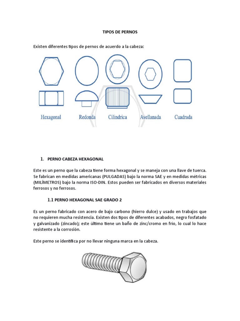 Tipos de Pernos | PDF | Tornillo | Materiales de construcción