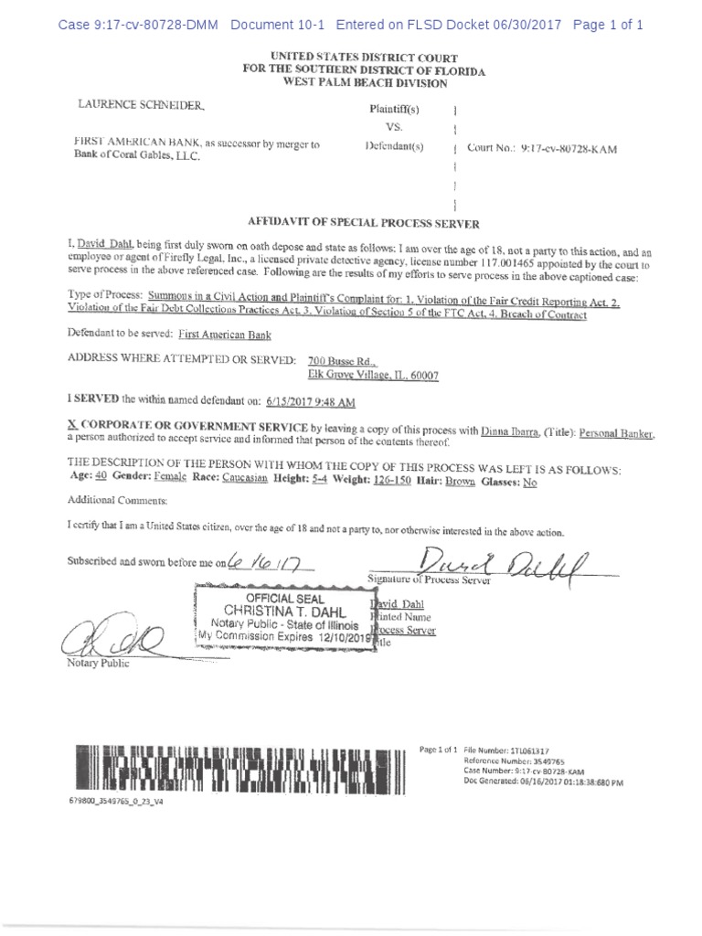D.E. 10 Affidavit of Special Process Server Schneider V First American ...