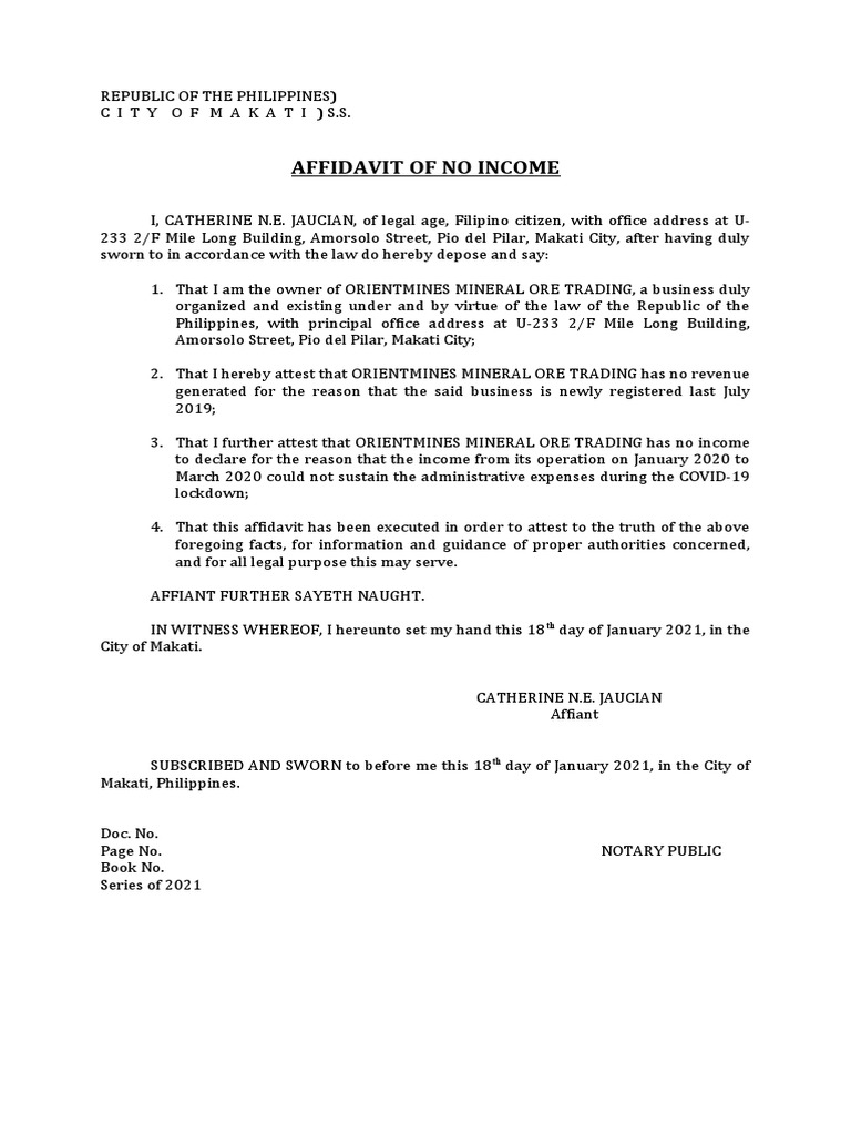 Affidavit of No Income Jaucian | PDF