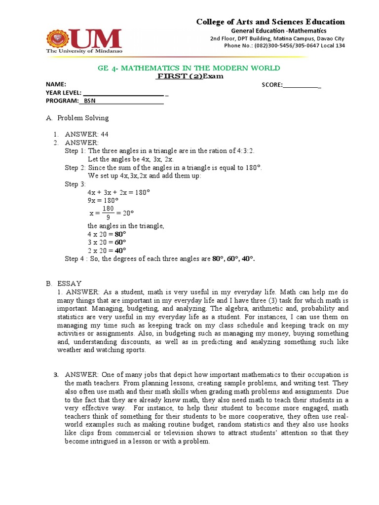 Ge 4 - Examination Answer Sheet | Descargar gratis PDF | Mathematics ...