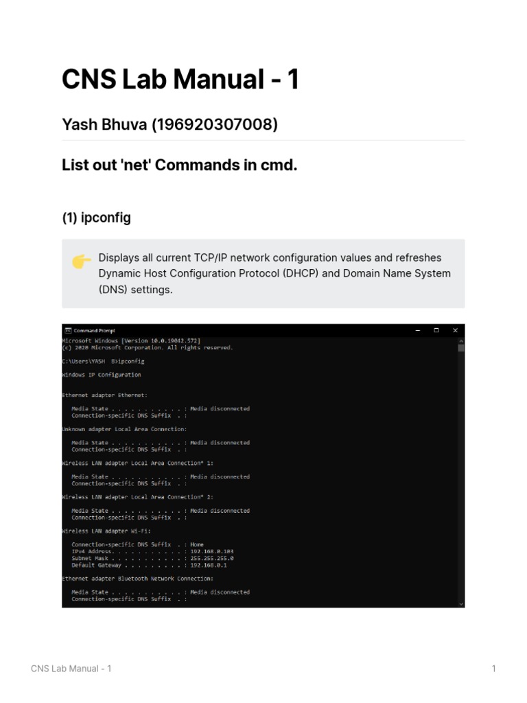 CNS Lab Manual - 1: Yash Bhuva (196920307008) List Out 'Net' Commands in CMD | PDF