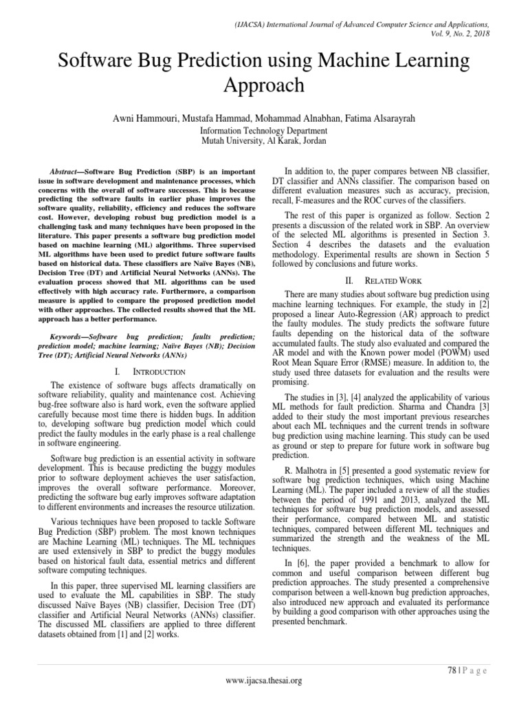 Software Bug Prediction Using Machine Learning Approach Pdf Machine Learning Artificial